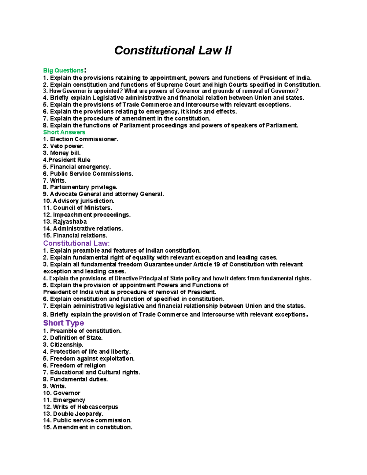 Constitutional Law II - Key Concepts and Provisions Overview - Studocu