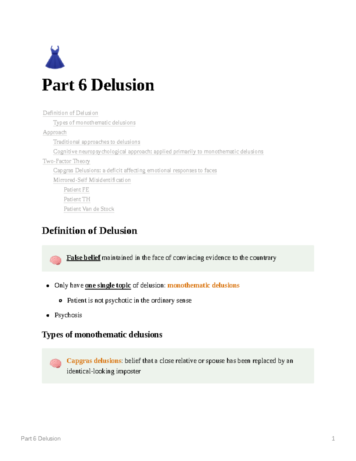 Part 6: Understanding Delusions - Monothematic Delusions Overview - Studocu