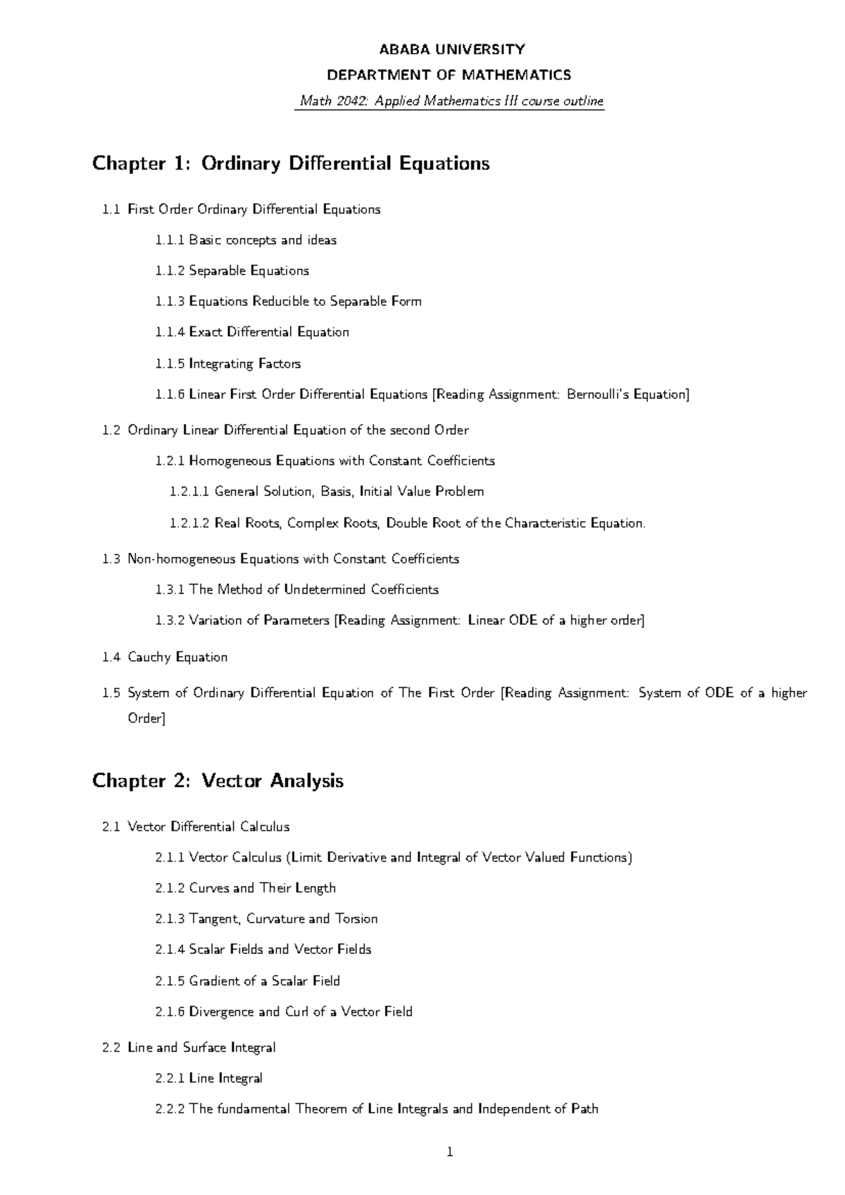 Math 2042: Applied Mathematics Course Outline and Chapters Overview ...