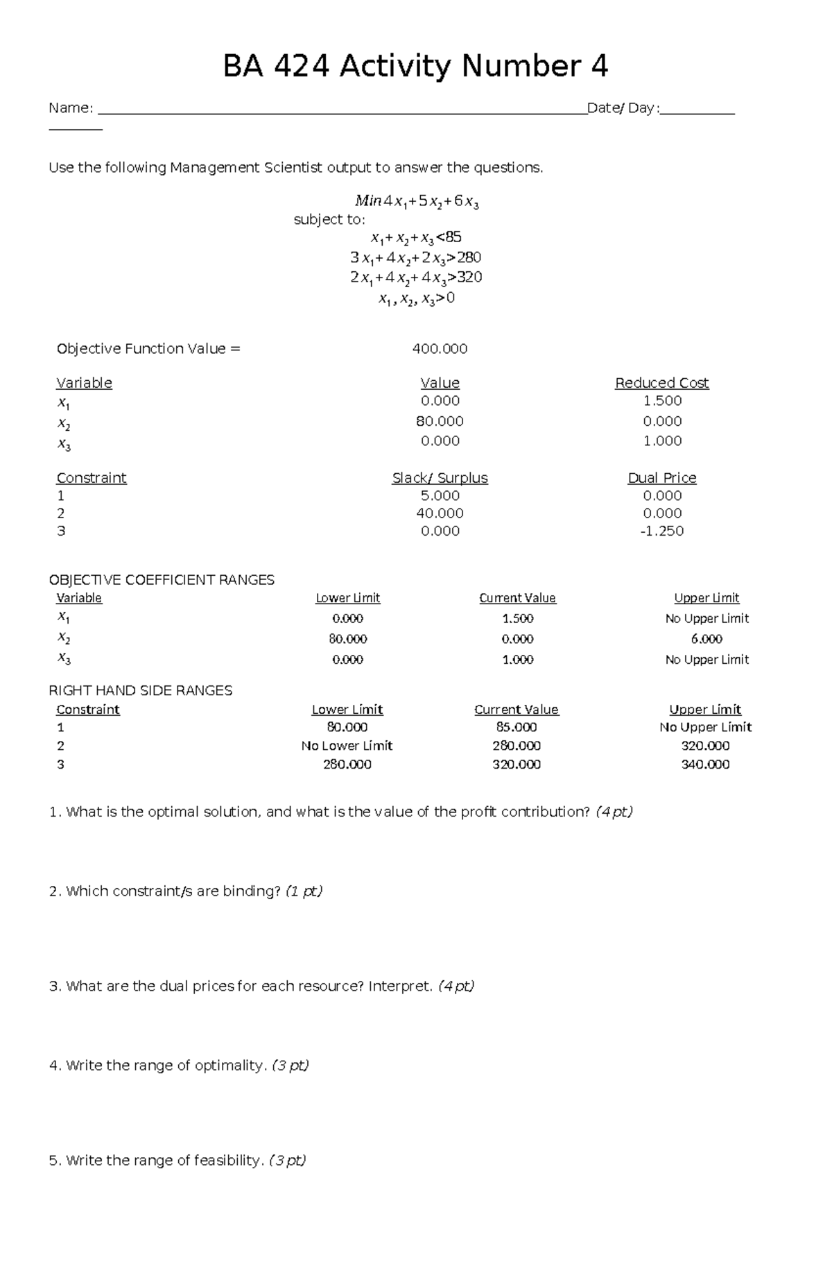 BA 424 Activity 4: Management Science Output Analysis - Studocu