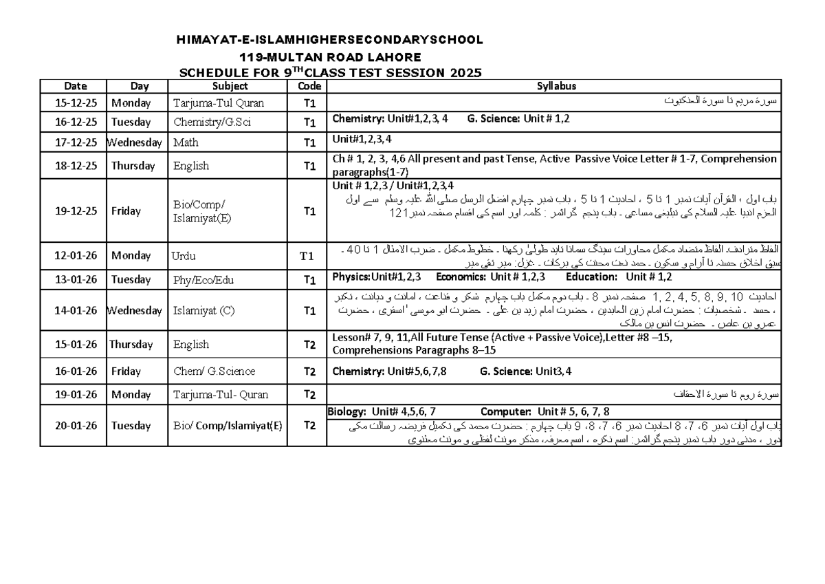 9th Class Test Schedule 2025-26: Subject Breakdown and Details - Studocu