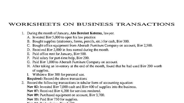 Worksheet on Business Transactions - WORKSHEETS ON BUSINESS ...