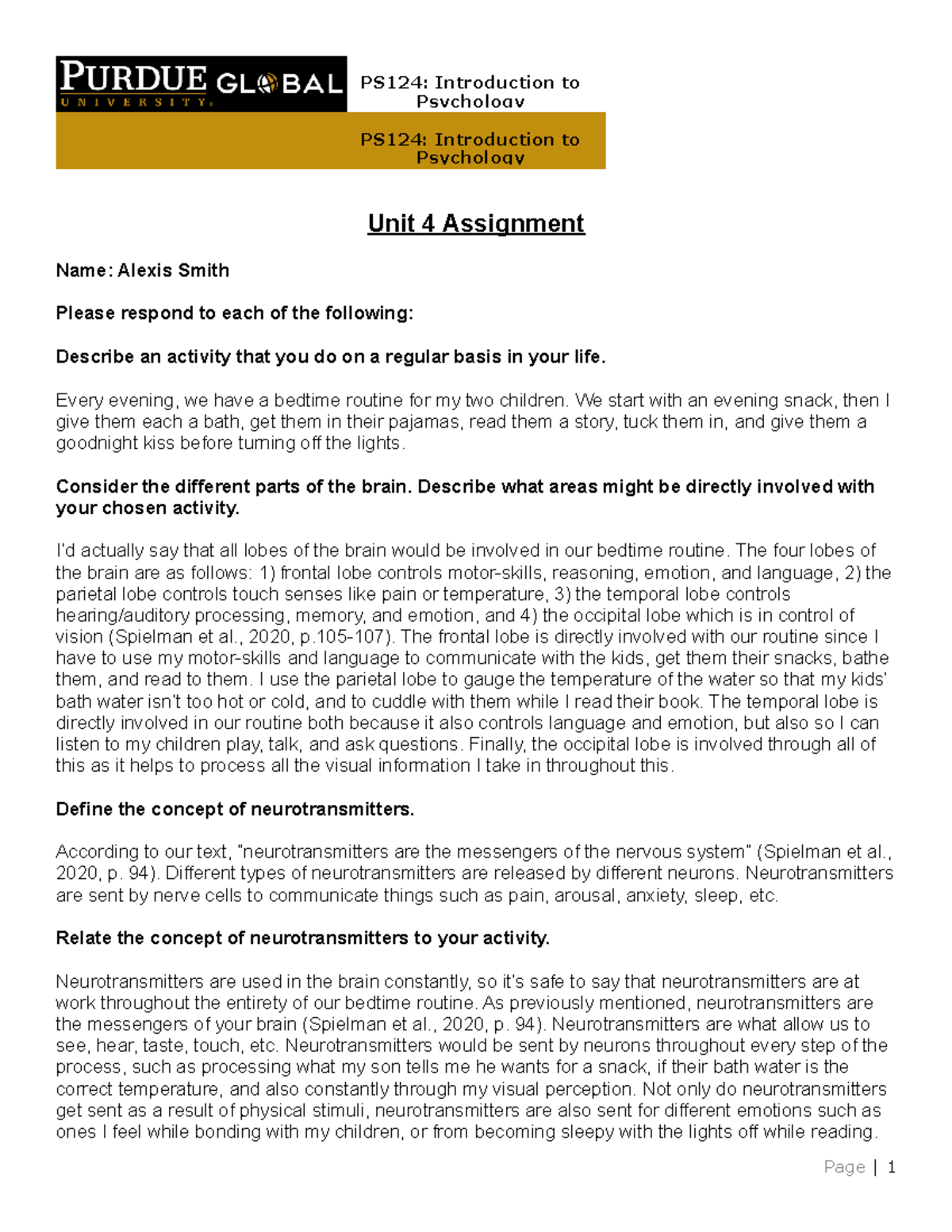 PS124 U4 Assignment: Bedtime Routine & Brain Functions Explained - Studocu