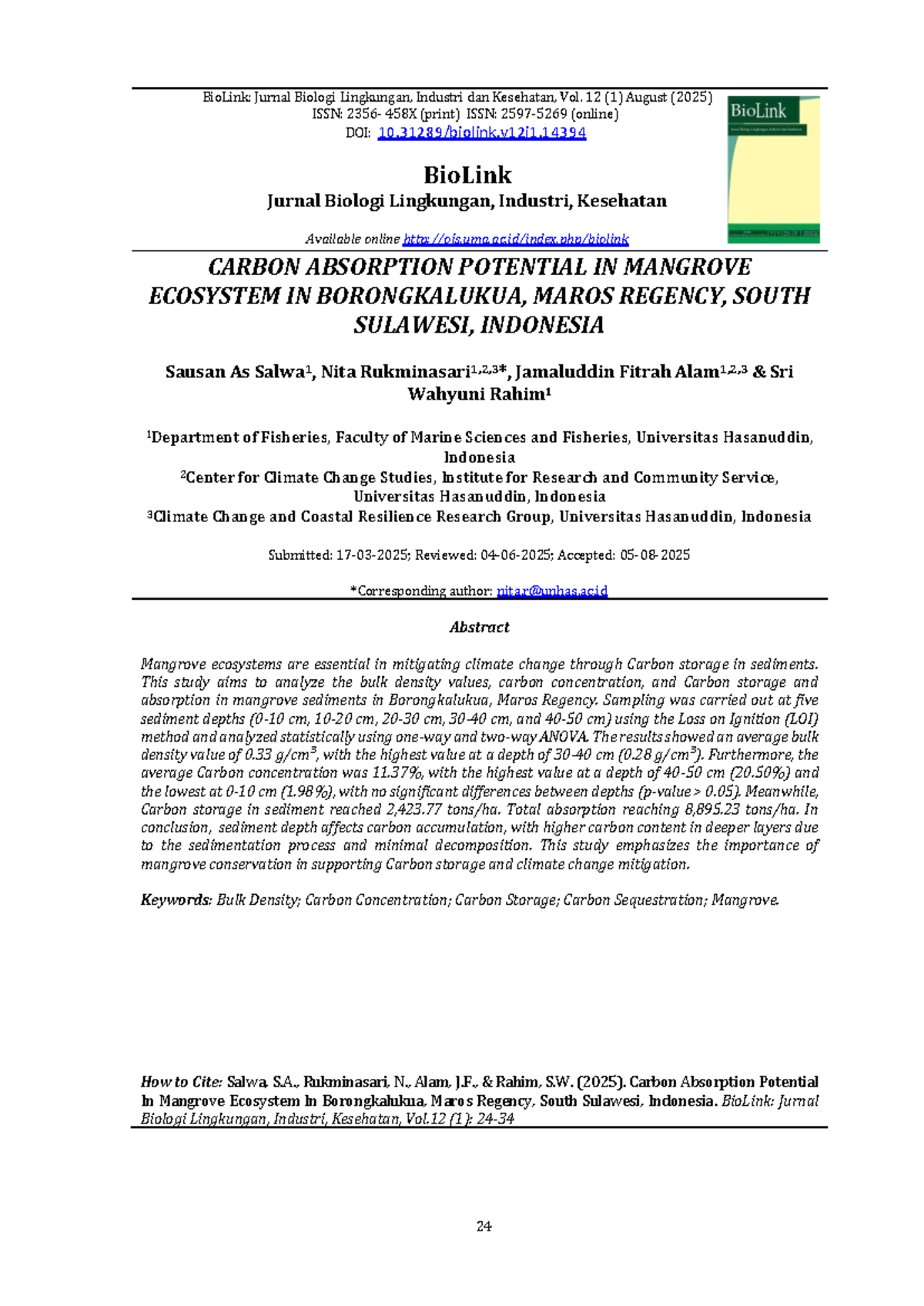 Carbon Absorption Potential in Mangrove Ecosystem: A Study in ...