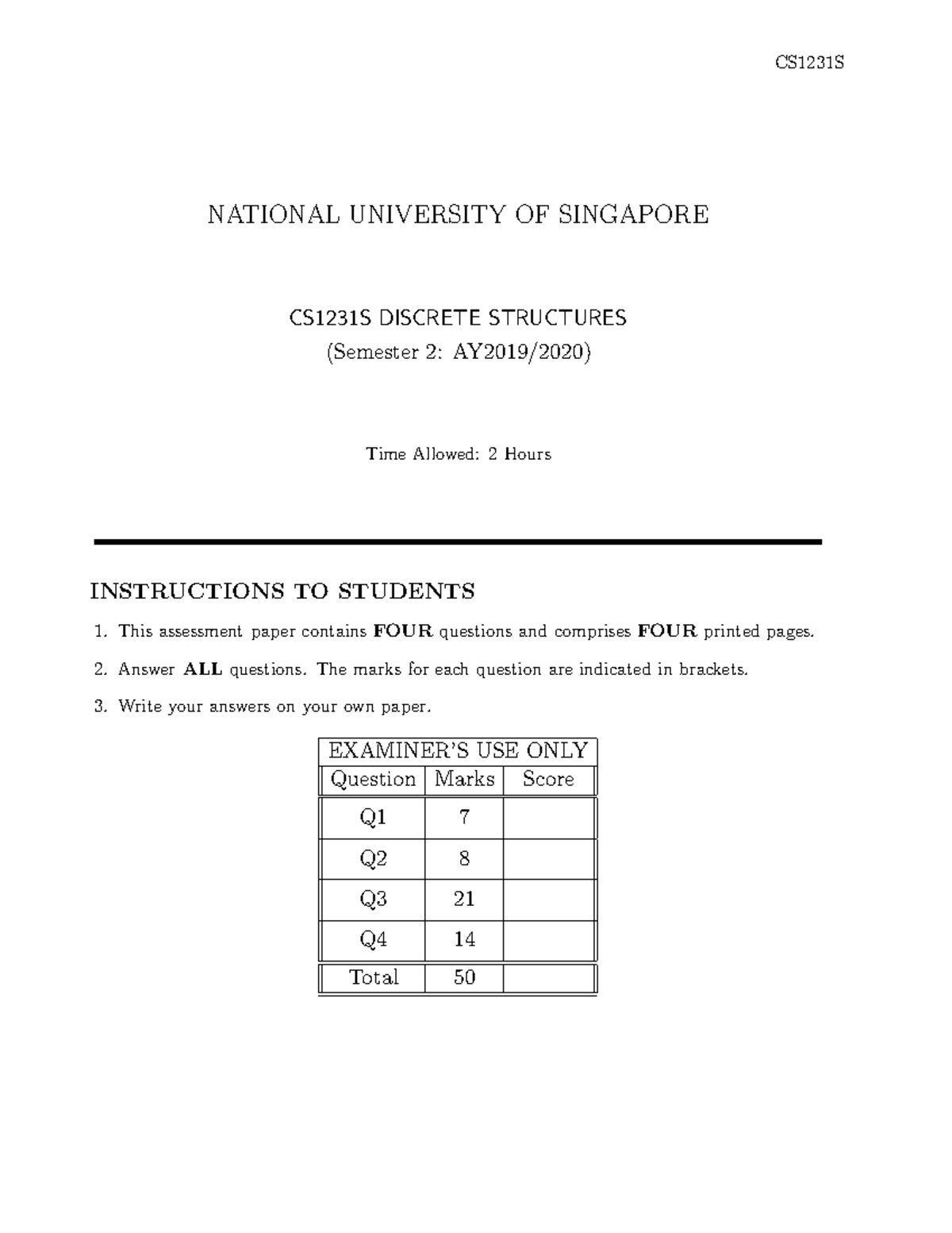 19-20 Sem 2 Solution - nil - CS1231S NATIONAL UNIVERSITY OF SINGAPORE ...