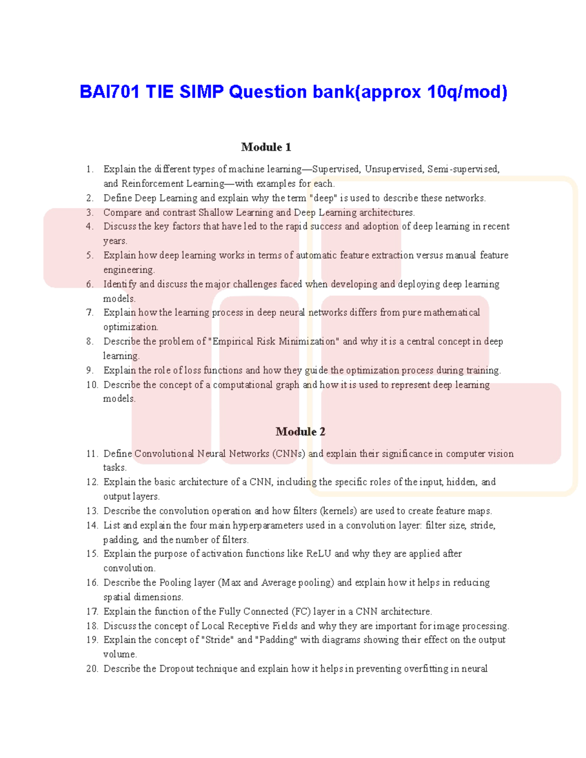 BAI701 TIE SIMP Question Bank: Deep Learning & CNNs Overview - Studocu