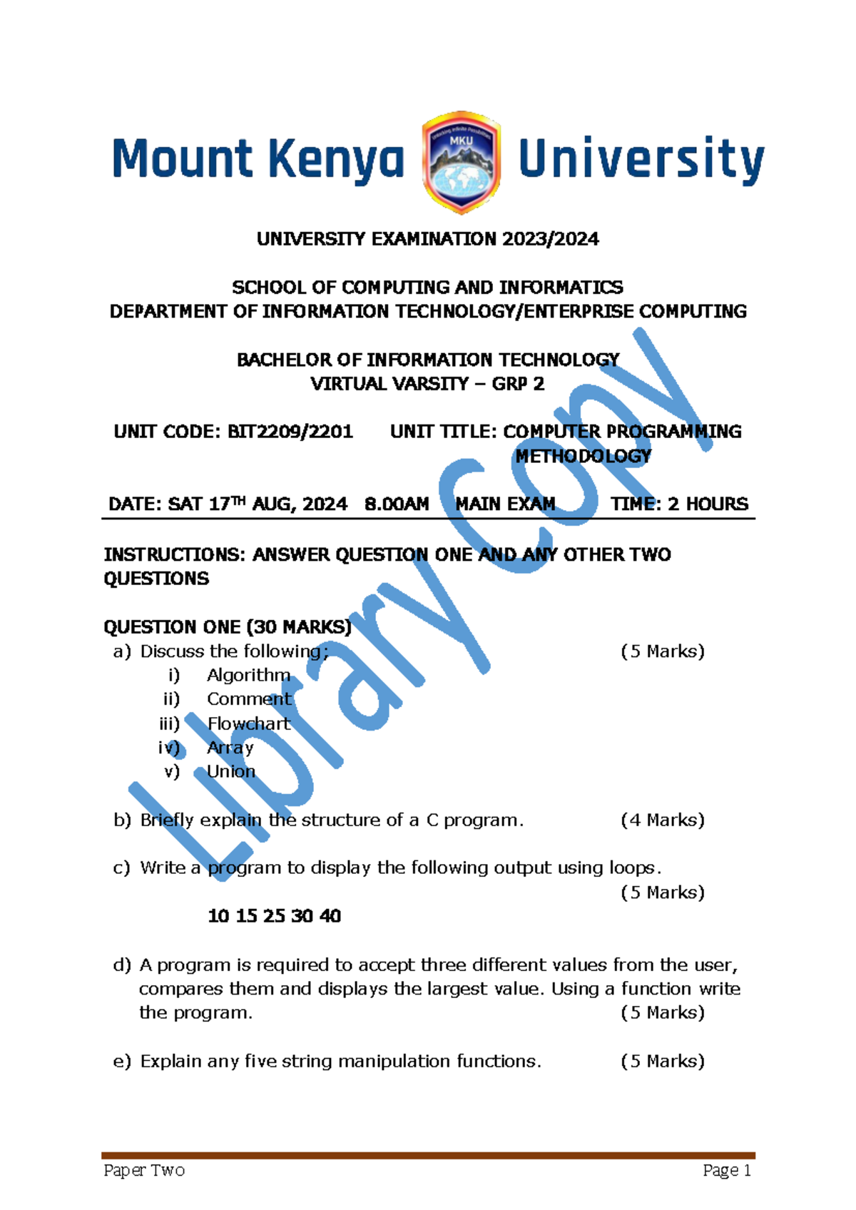 BIT2209 - Past Exam Paper for Computer Programming Methodology - Studocu