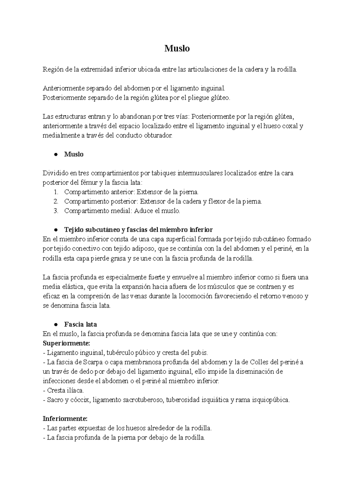 Muslo - Resumen de Anatomía del Miembro Inferior - Studocu