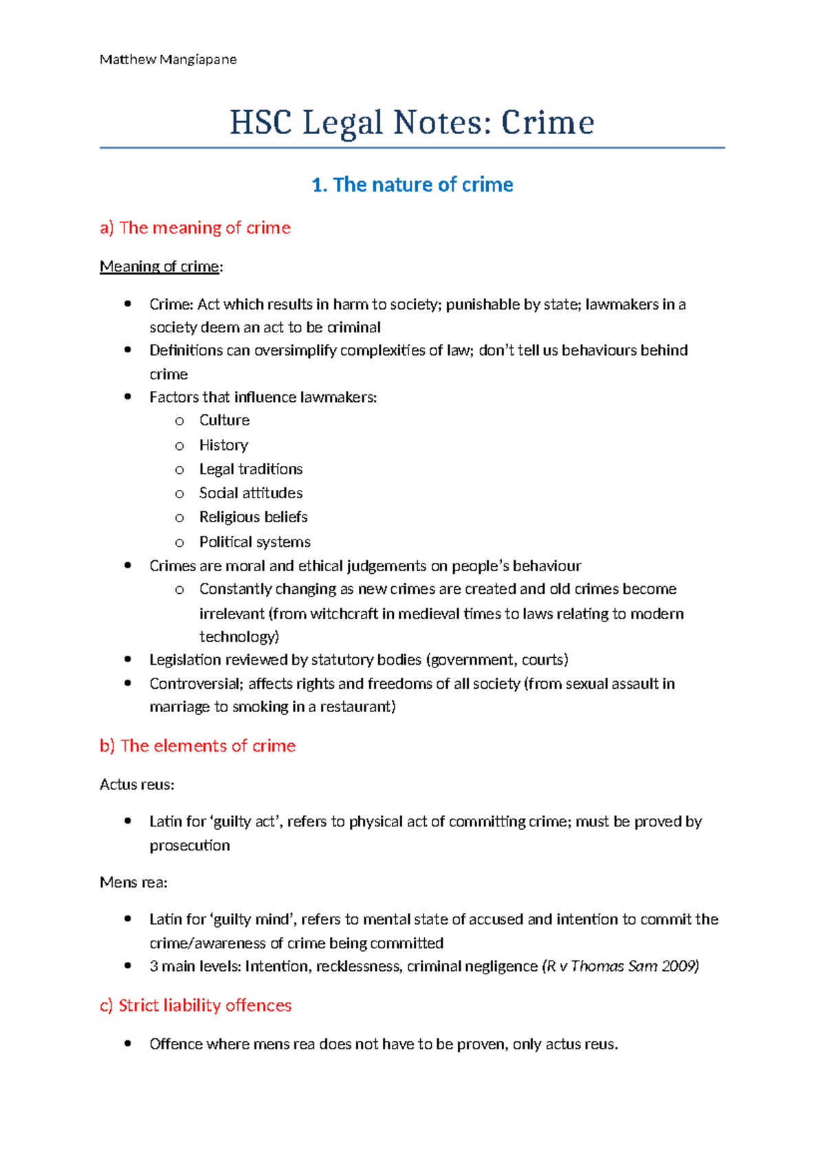 HSC Legal Notes - Crime - HSC Legal Notes: Crime 1. The nature of crime ...