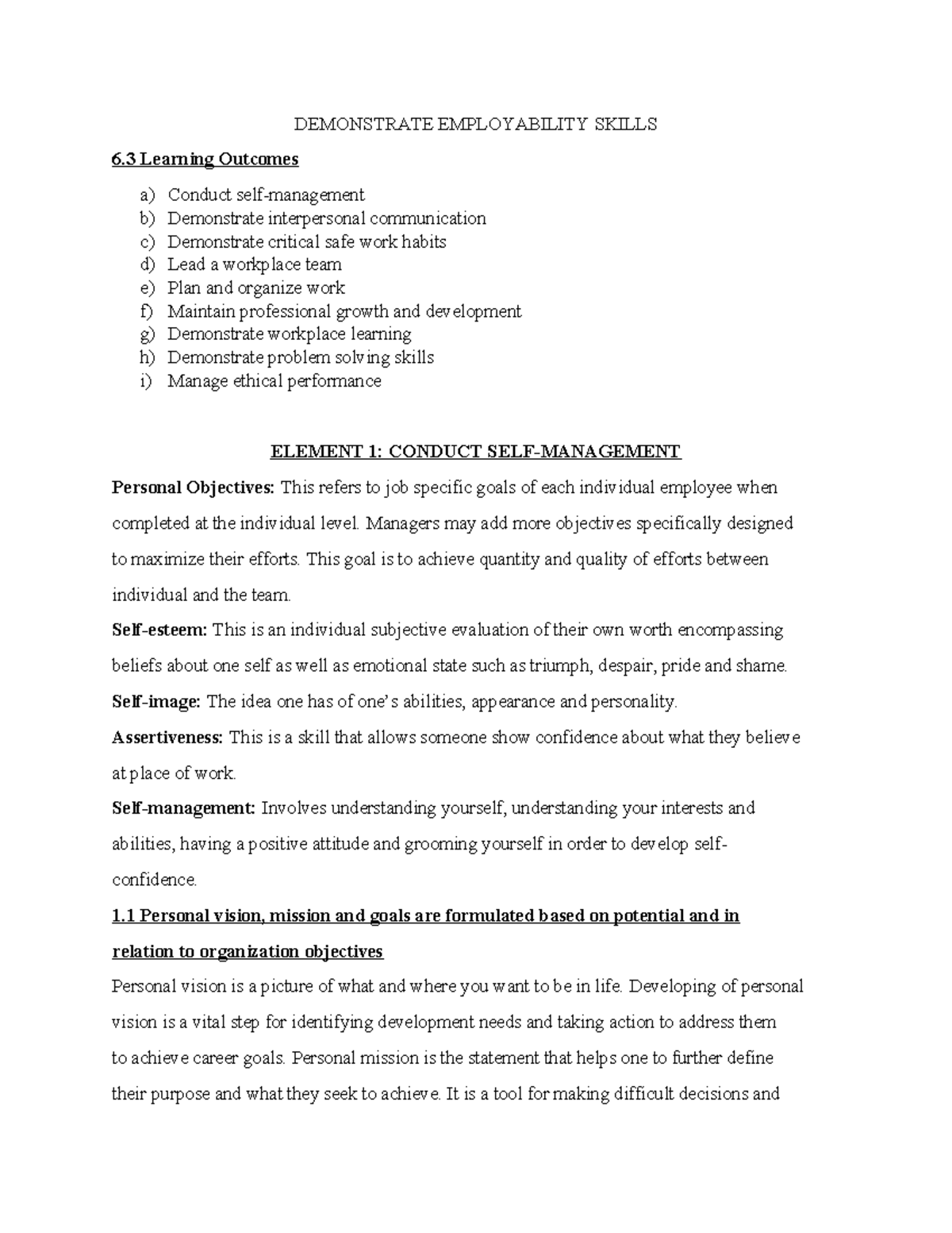 Demonstrate Employability Skills (6.3) - Comprehensive Notes - Studocu