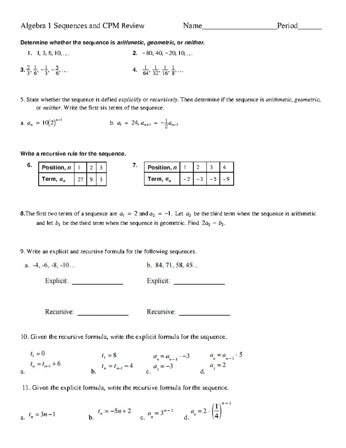 Algebra 1: Sequences CPM Review with Answers - Studocu