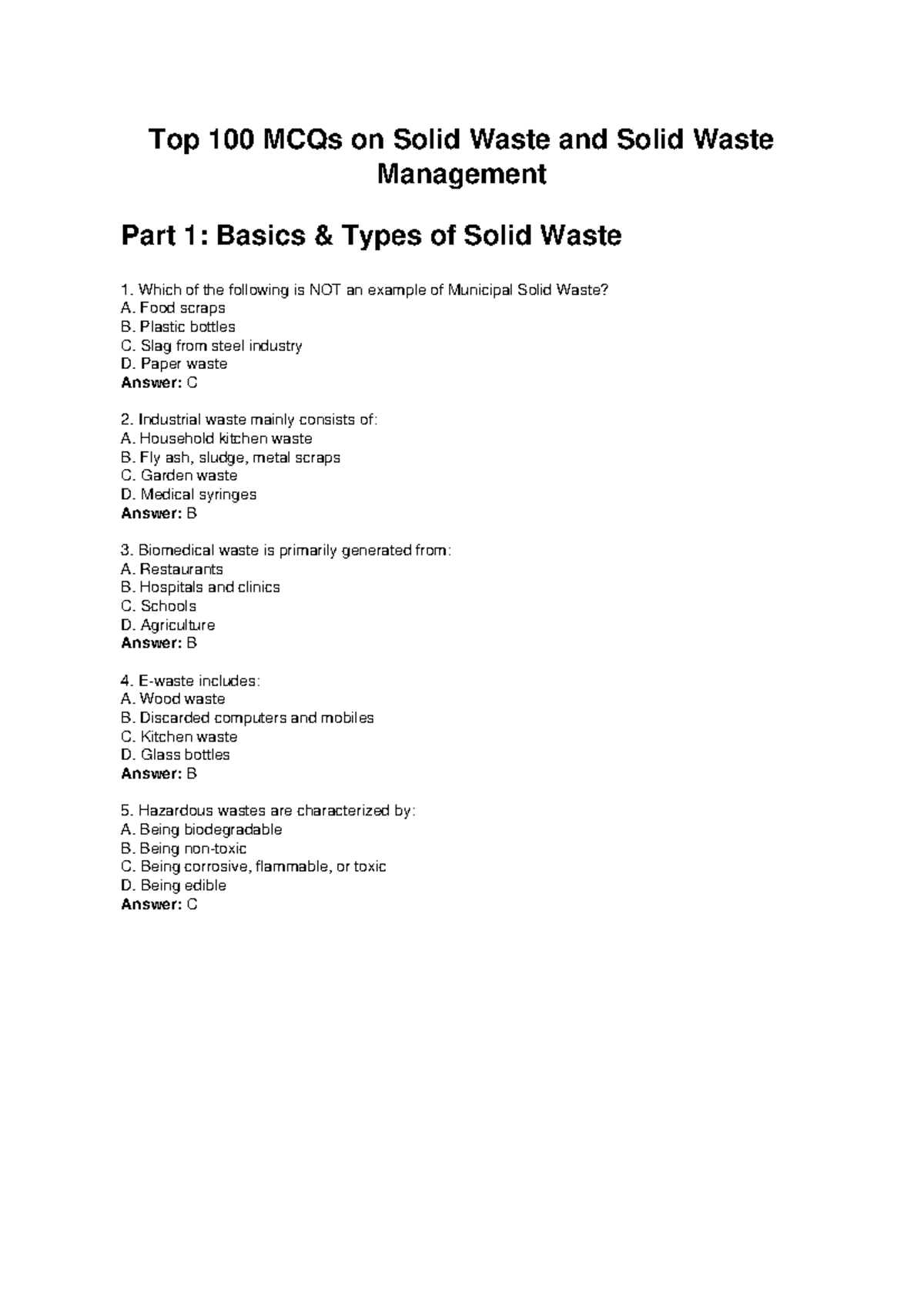 Solid Waste Management 100 MCQs: Basics & Current Practices - Studocu