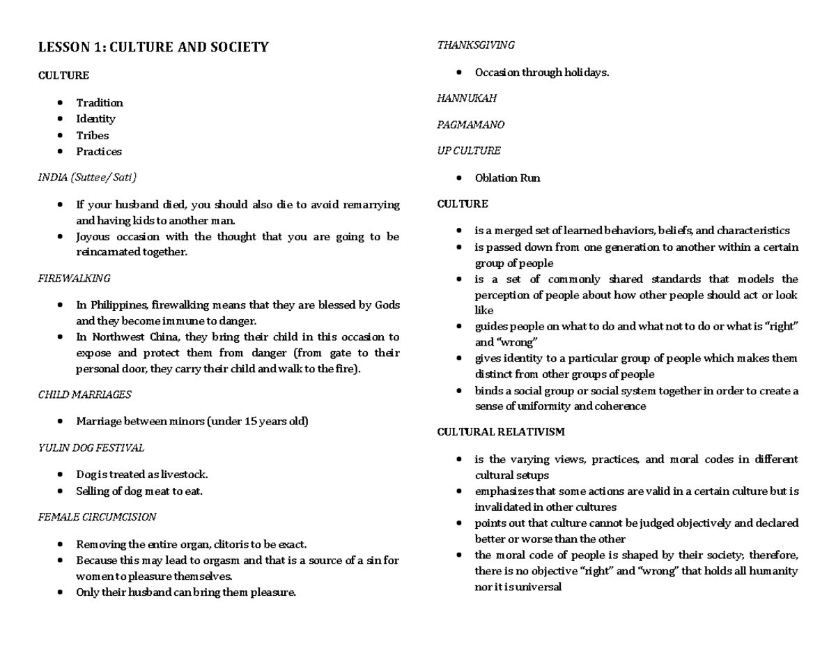 Culture Reviewer Lesson 12 - LESSON 1: CULTURE AND SOCIETY CULTURE ...