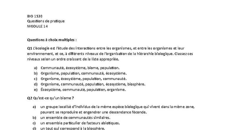 BIO 1530 Module 14 Questions de Pratique sur les Interactions ...
