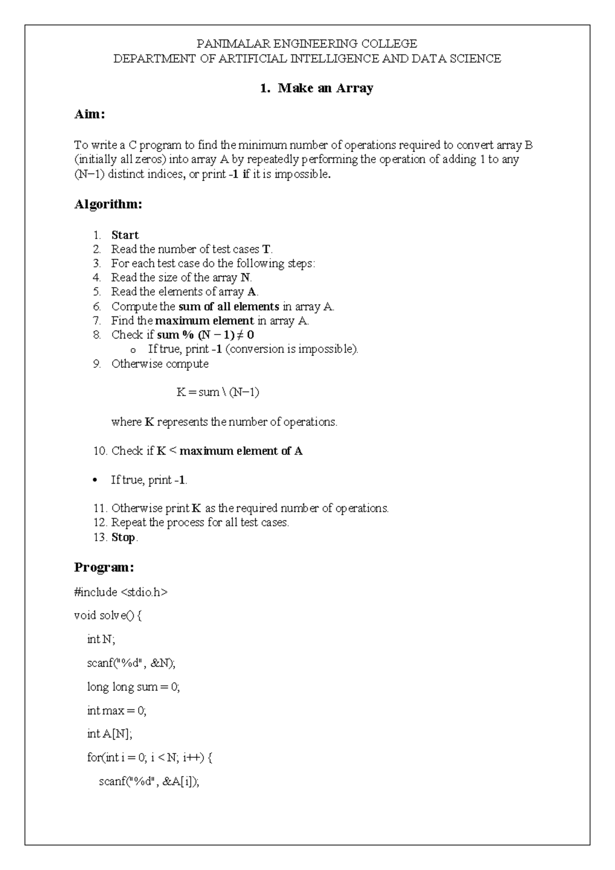 CSE101 - C Programs for Array Operations and Algorithms - Studocu