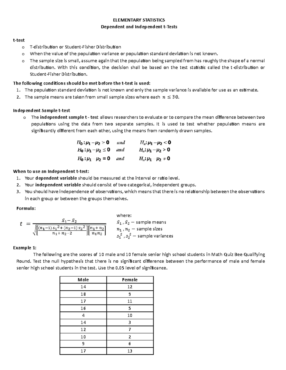Dependent and Independent t tests - ELEMENTARY STATISTICS Dependent and ...