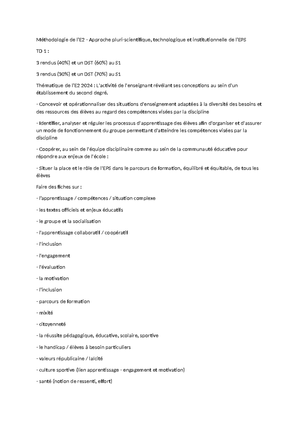 Méthodologie de l'Écrit TD 1 : Rendus et DST S1 - Thématique 2024 - Studocu
