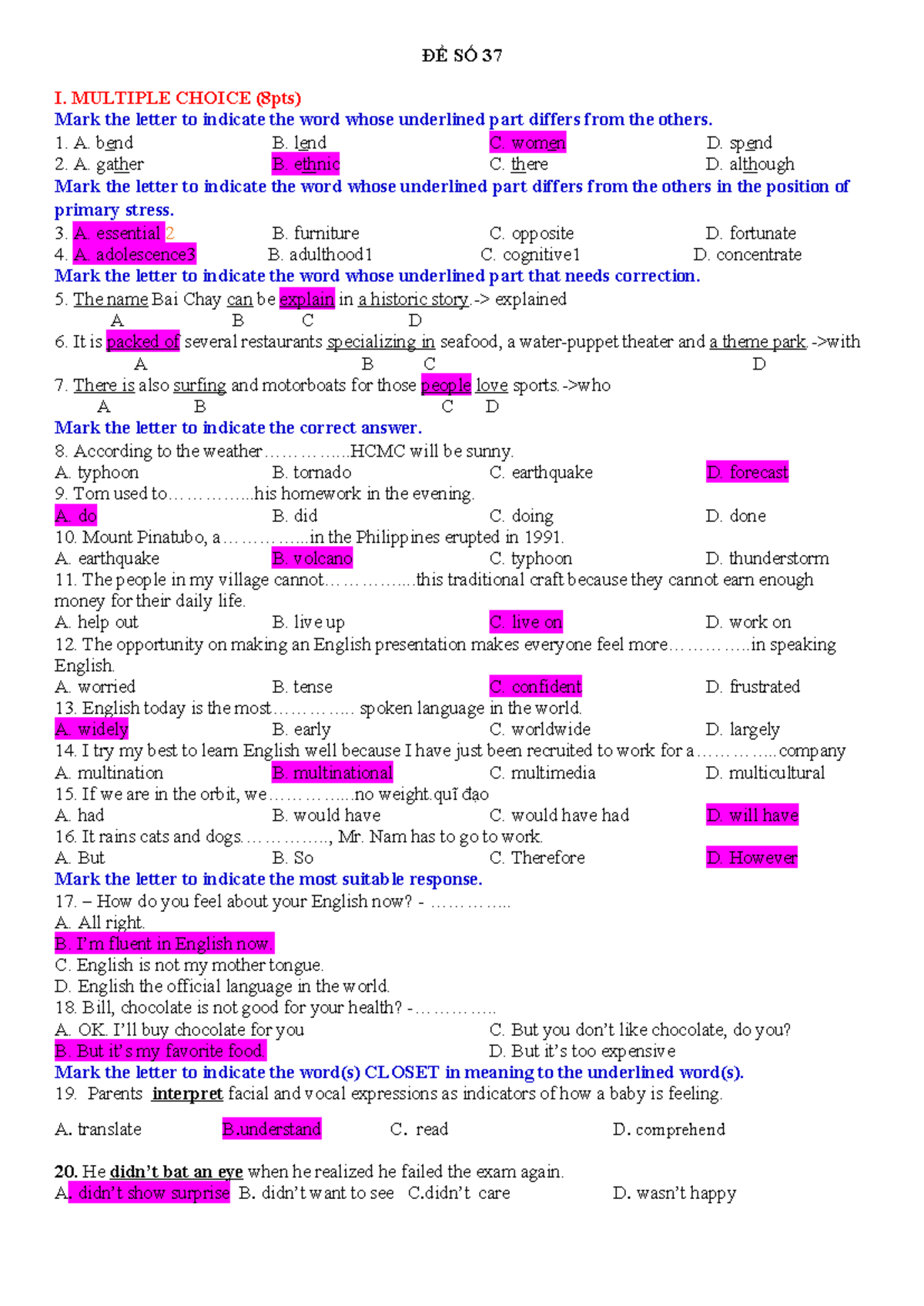 Đề Thi Vào 10 Anh - Đề Số 37: Multiple Choice & Writing Exercises - Studocu