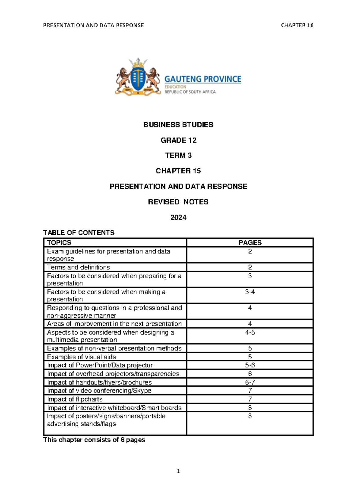 2024 Revised Notes on Presentation and Data Response - Business Studies ...