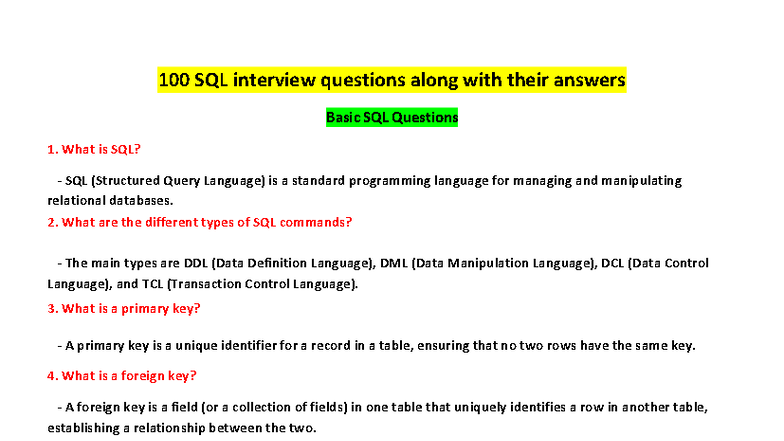SQL Interview Questions: 100 Essential Queries & Answers - Studocu
