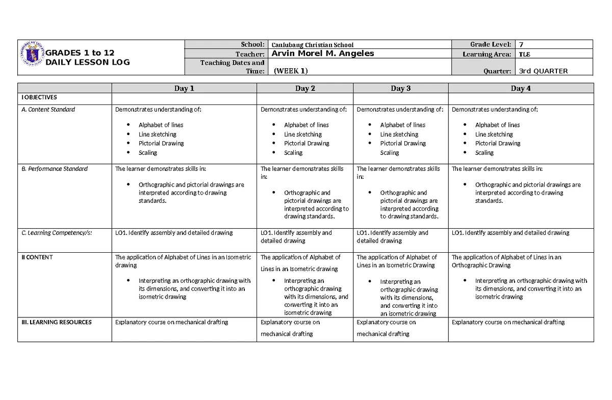 Lesson Plan: Drafting Skills for Original Design (TLE Grade 7, Q2 ...