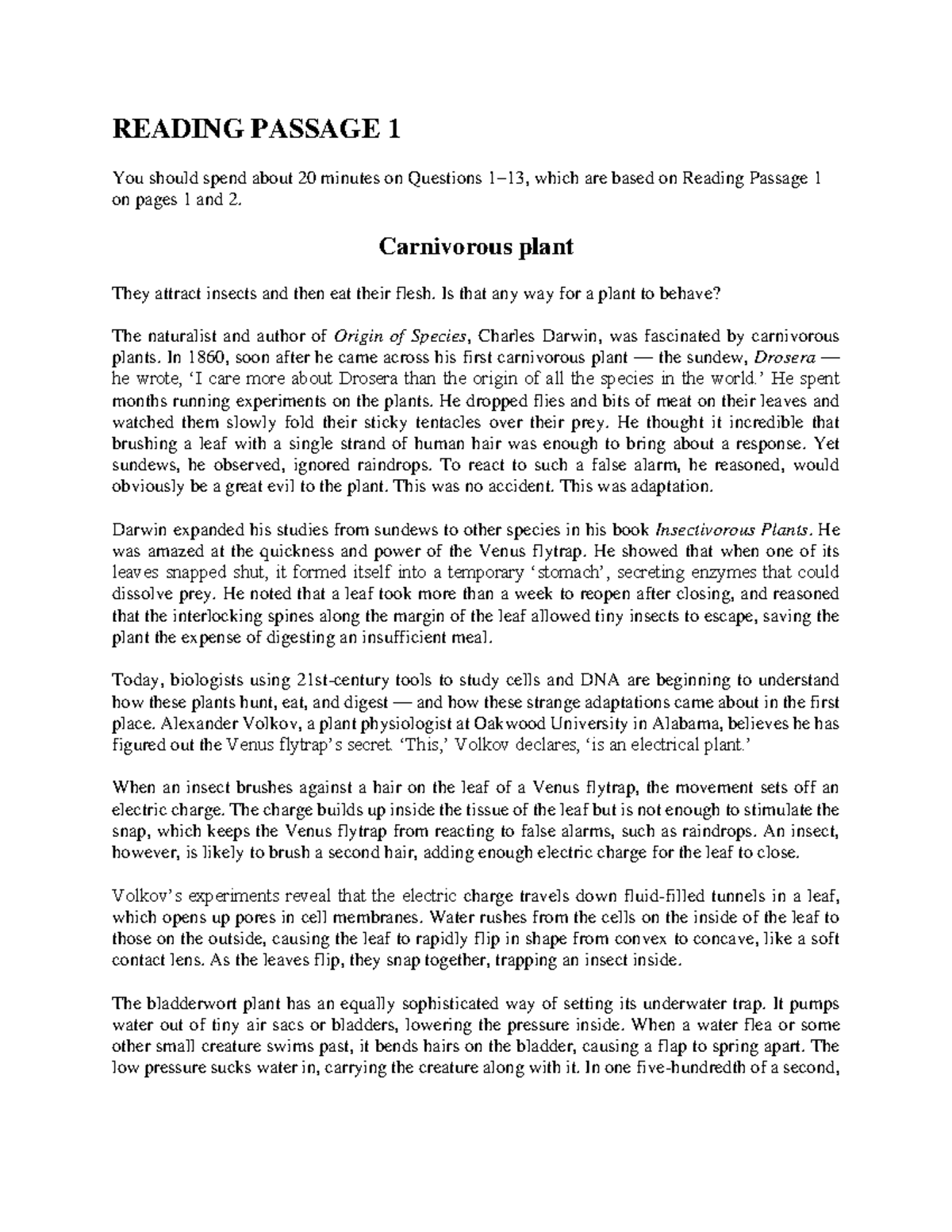 Carnivorous Plants: Insights from Reading Passage 1 (E FDQQ) - Studocu