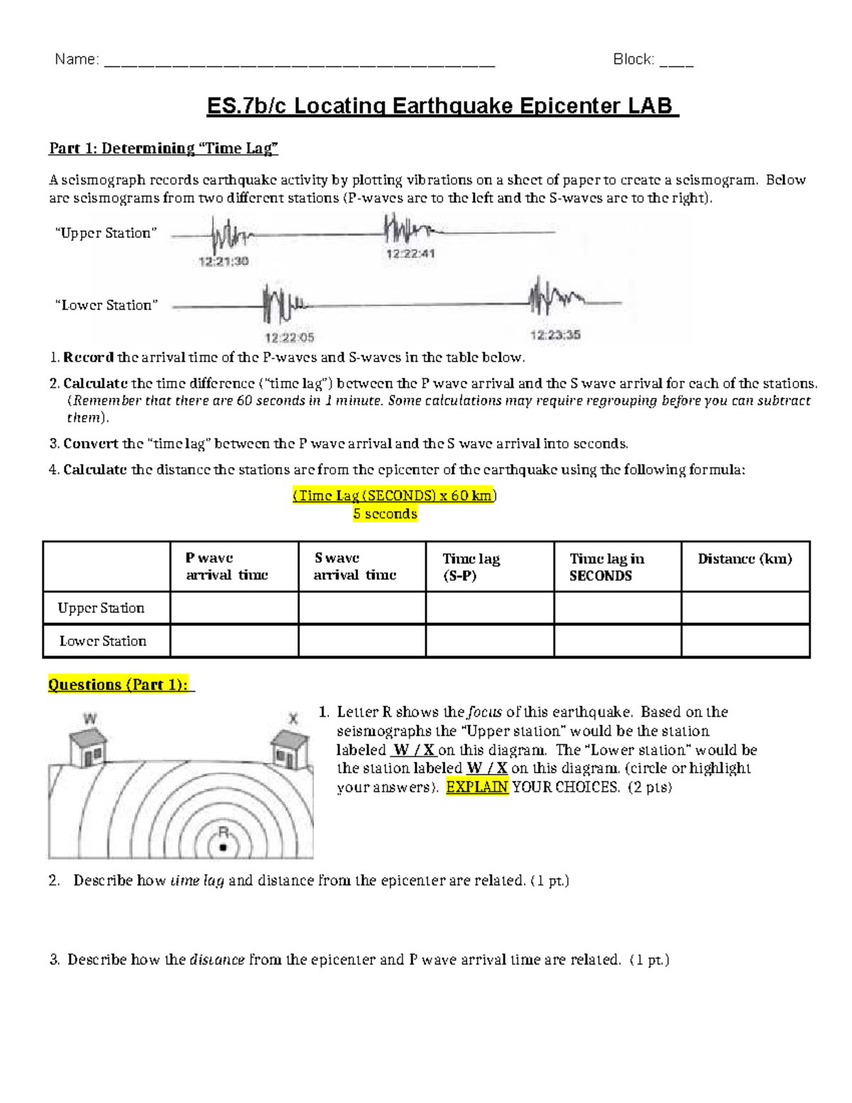 ES.7bc Locating Earthquake Epicenter Lab: Seismogram Analysis ...
