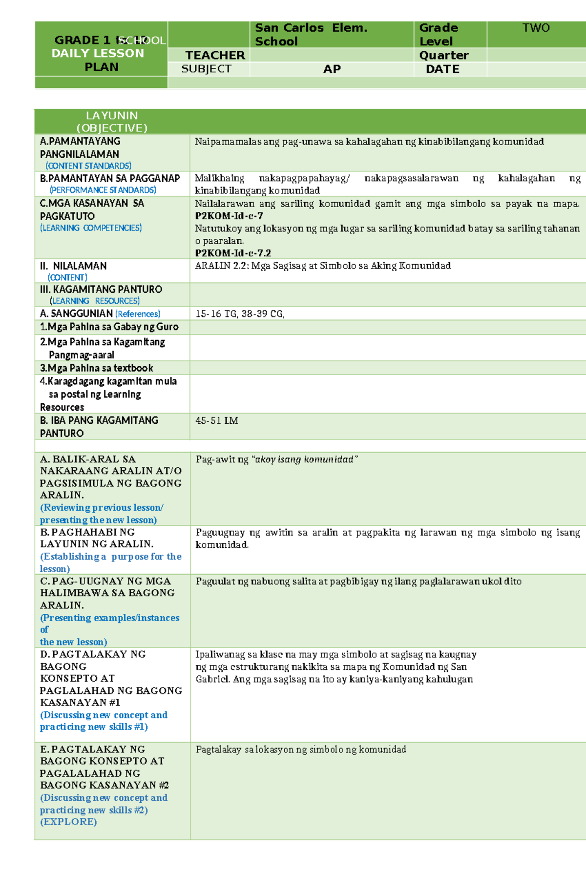 AP 2-COT - COT -AP - GRADE 1 to 12 DAILY LESSON PLAN SCHOOL San Carlos Elem. School Grade Level ...