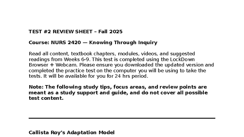 NURS 2420 Test Review Sheet for Fall 2025 Exam - Studocu
