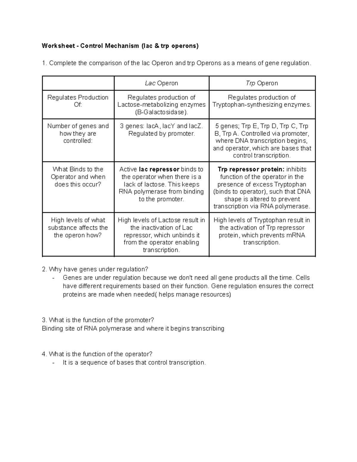 of Gene Control Mechanisms - Worksheet - Control Mechanism (lac & trp ...