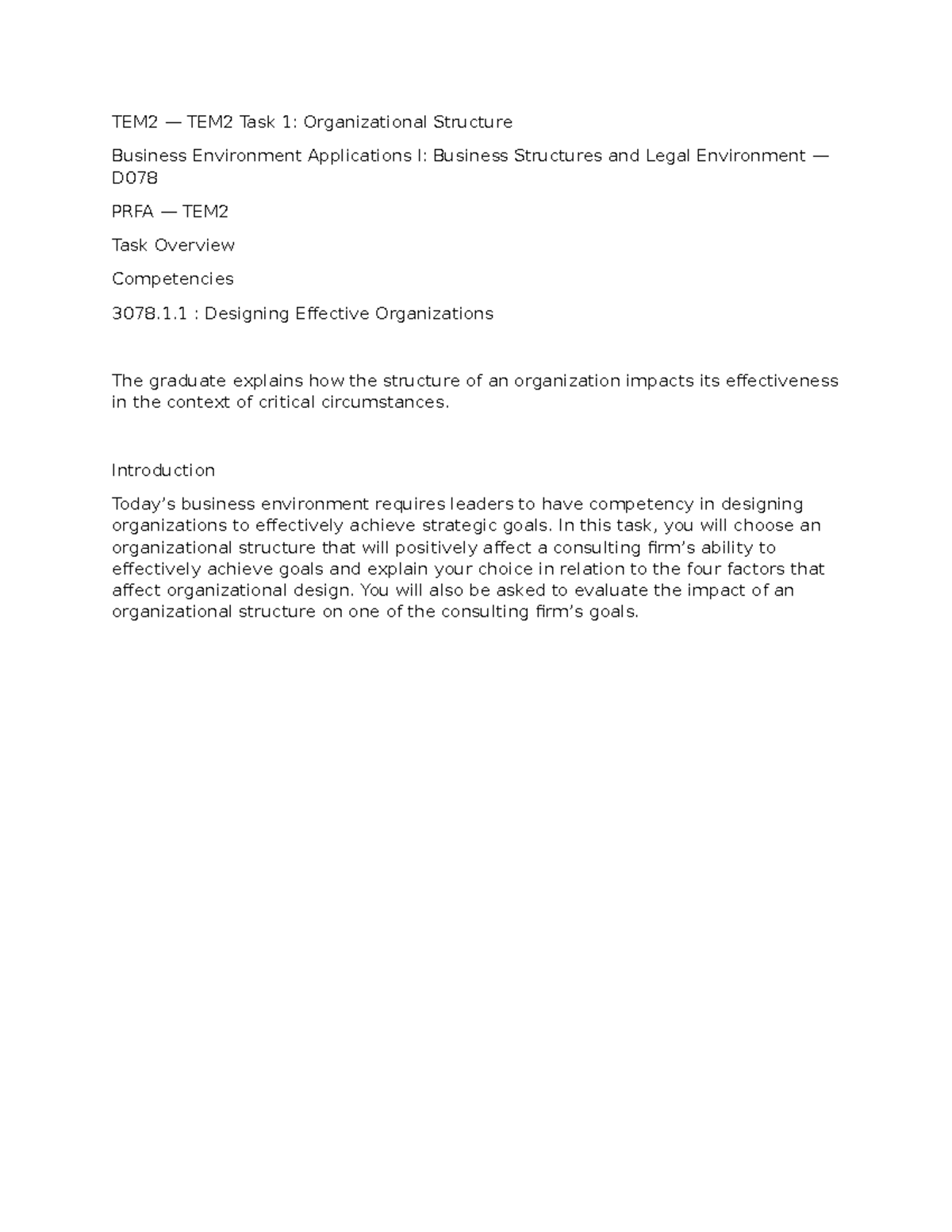 D078 — TEM2 Task 1: Evaluating Organizational Structure for Consulting ...