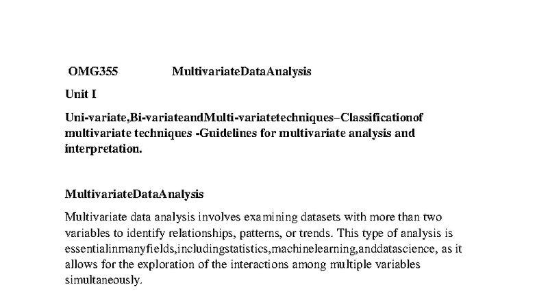 OMG355 Multivariate Data Analysis Unit I: Techniques & Interpretations ...