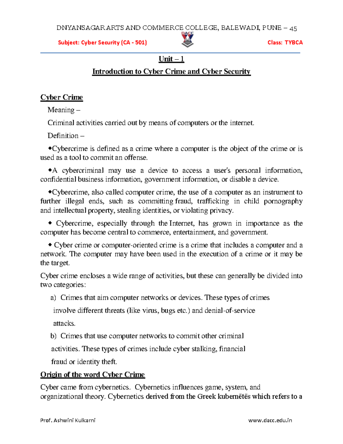 Tybca Cyber Security Notes 1 - Subject: Cyber Security (CA - 501) Class ...