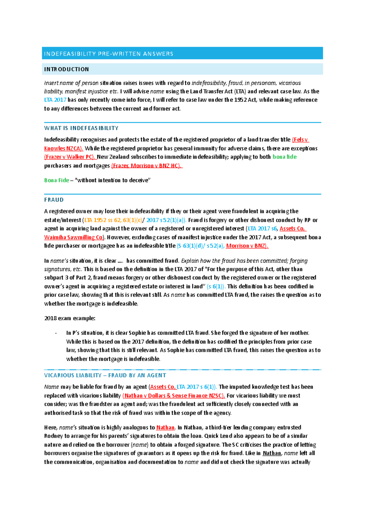 Indefeasibility Law Overview: Concepts and Case Law Analysis - Studocu