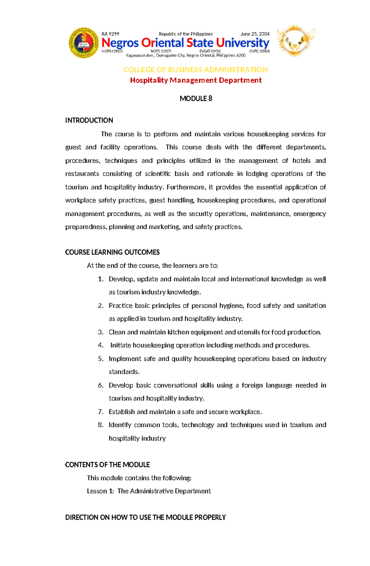 HM2FLO - Module 8: Housekeeping & Administrative Functions in ...