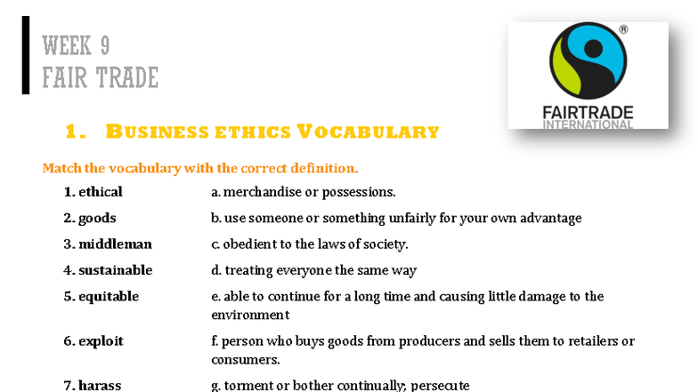 WEEK 9 - FAIR TRADE Vocabulary & Comprehension Exercises - Studocu