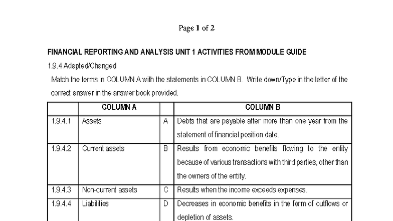 FIN 101: Financial Reporting & Analysis Unit 1 Activities - Studocu