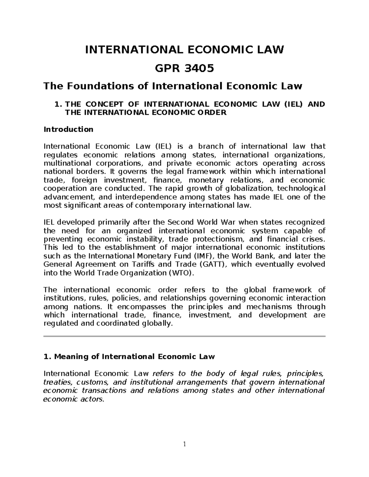 Notes on International Economic Law (GPR 3405) - Studocu