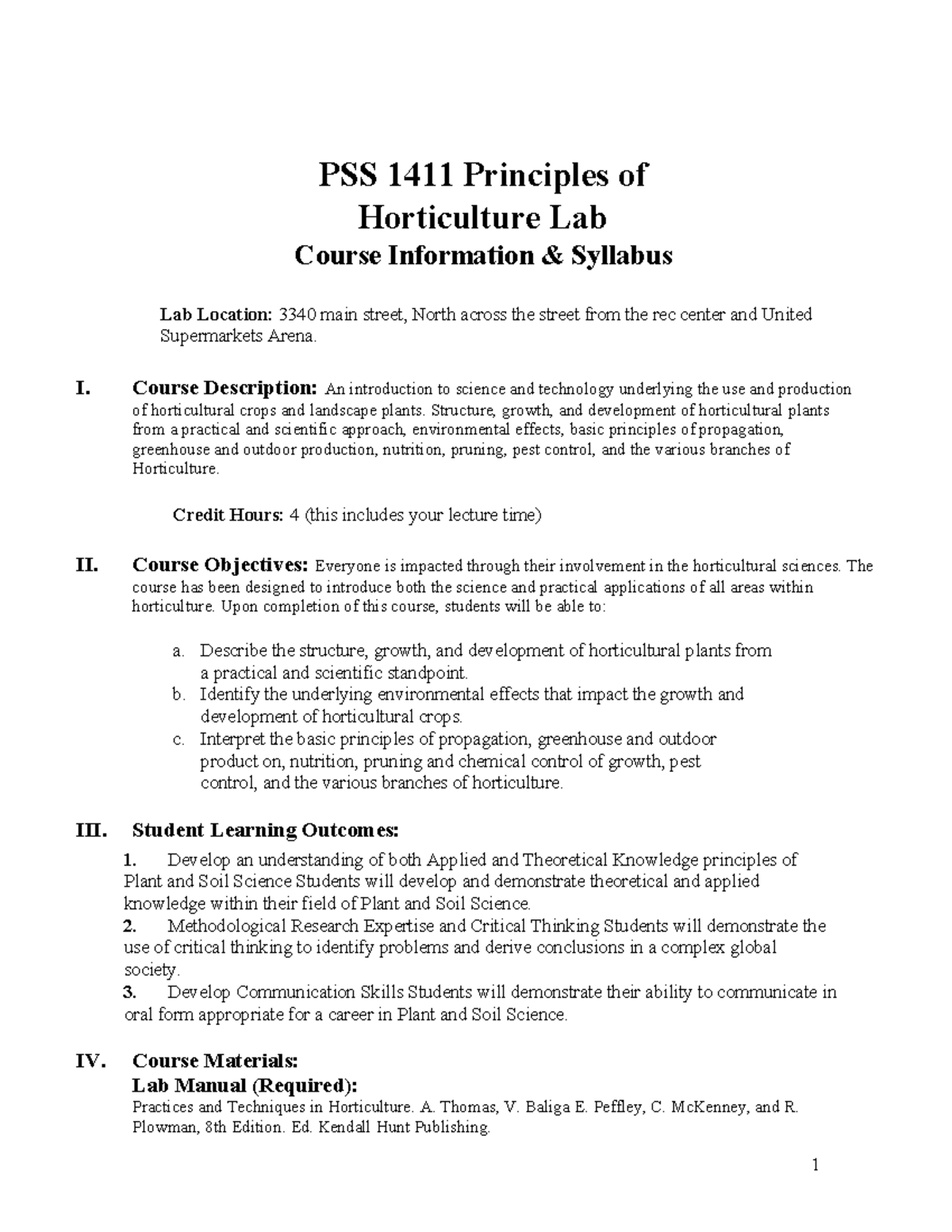 PSS 1411 Principles of Horticulture Lab Syllabus & Course Guidelines ...