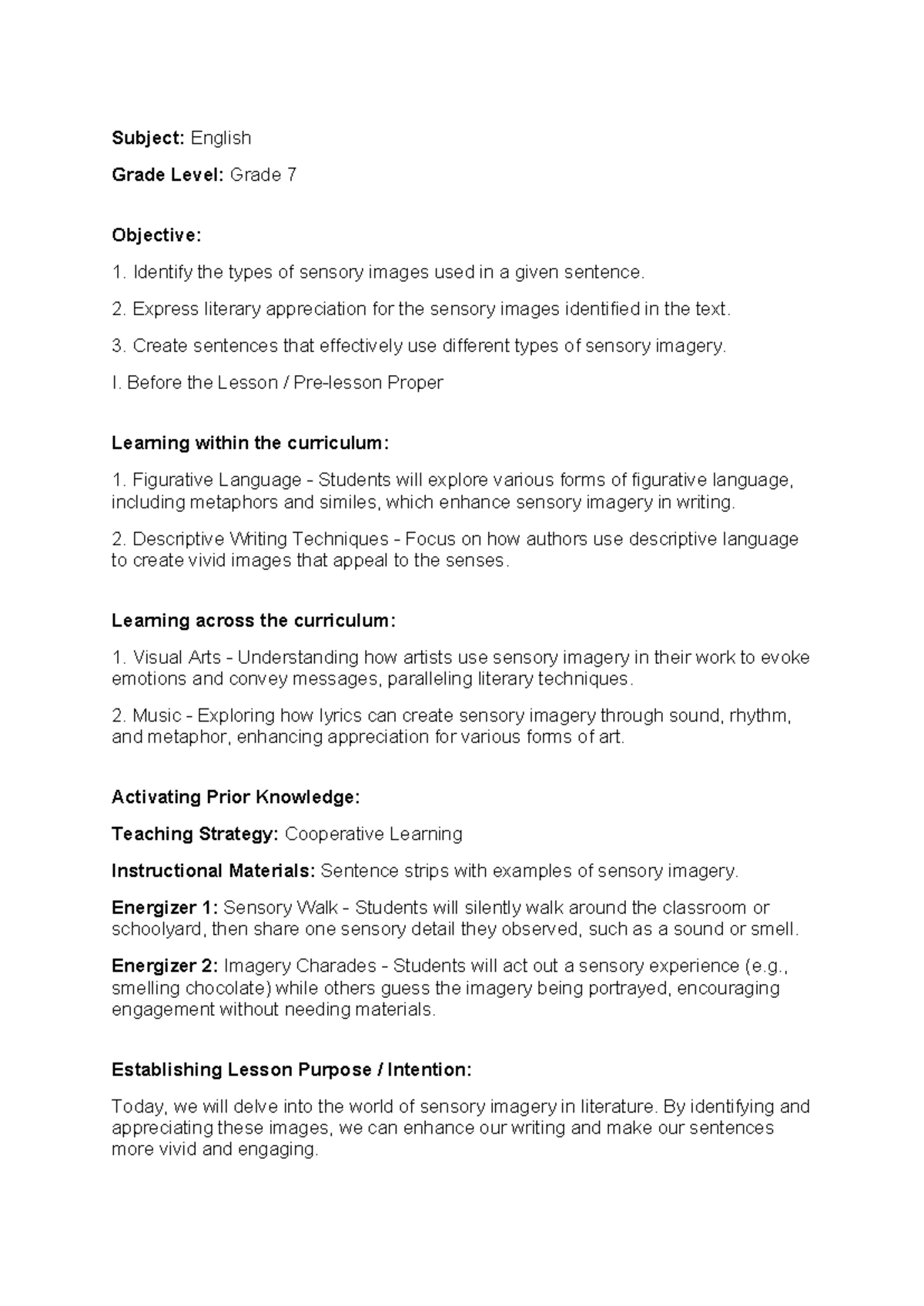 Grade 7 English Lesson Plan: Exploring Sensory Imagery Techniques - Studocu