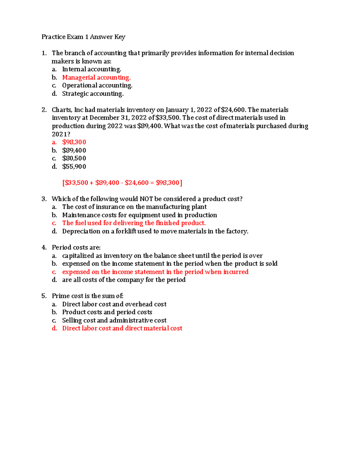 Managerial Accounting Practice Exam 1 Answer Key - Studocu