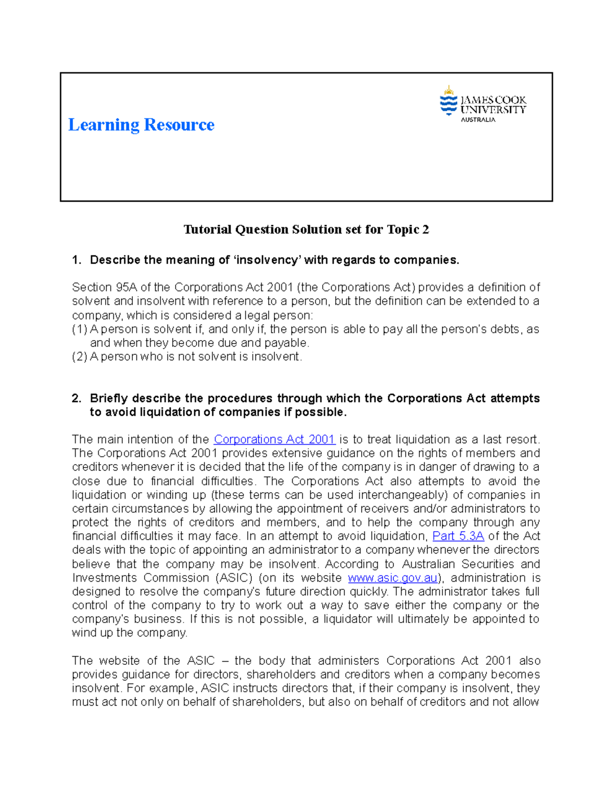 Topic 2 Tutorial Question Solutions - Tutorial Question Solution set ...