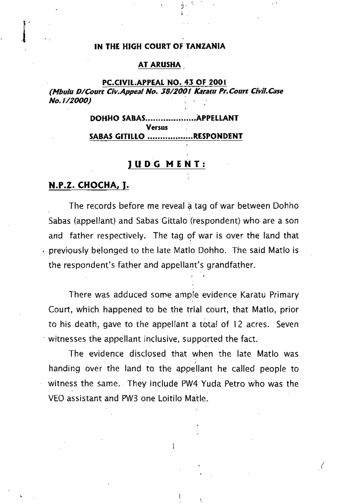 PC.CIVIL.APPEAL NO. 43 OF 2001: Dohho Sabas vs. Saras Gitillo Judgment ...