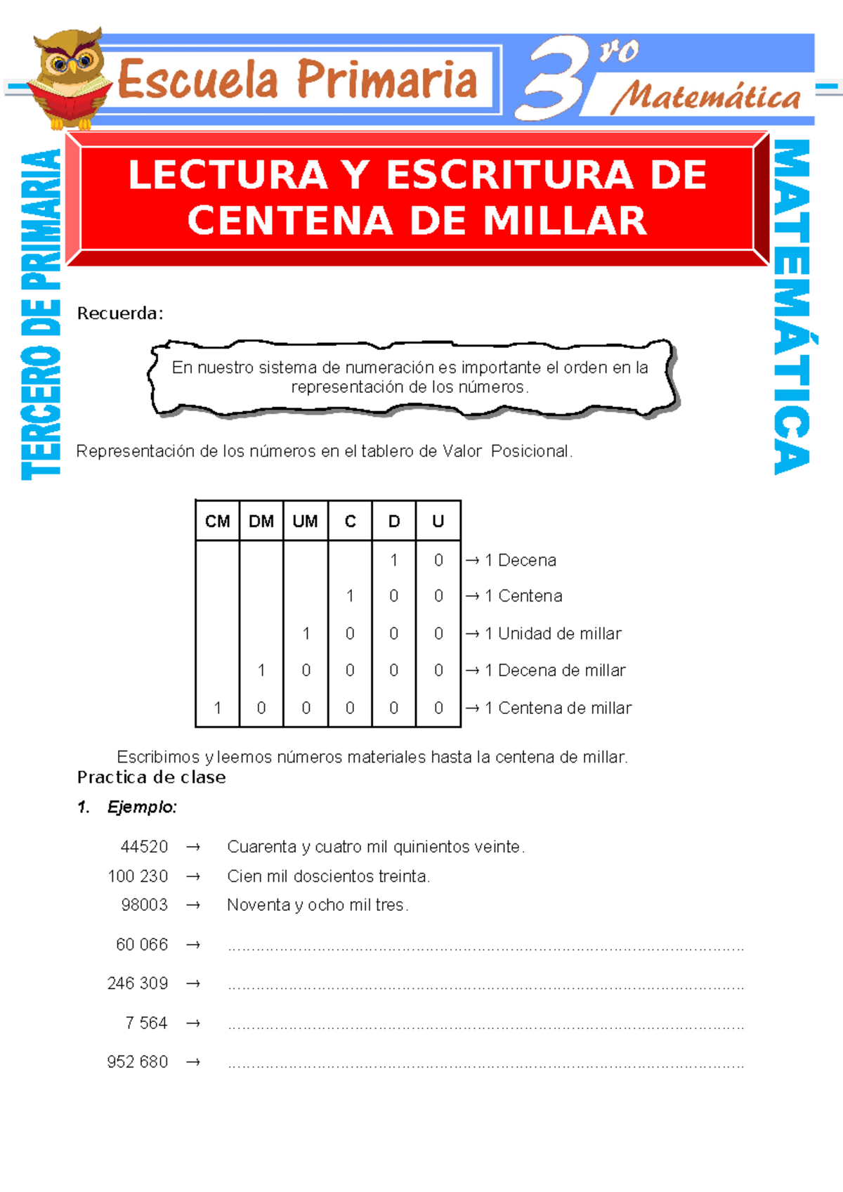 Hoja De Trabajo Sobre El Valor Posicional Hasta Las Centenas De Millar