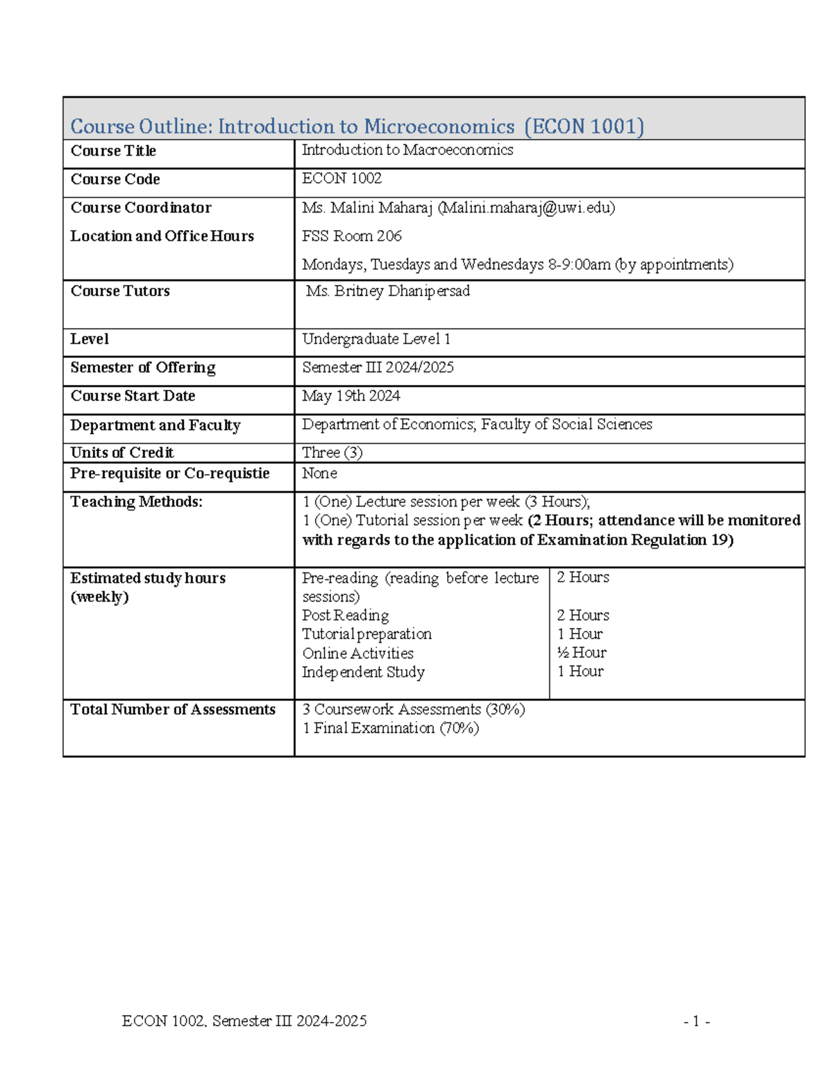 ECON 1002 Course Outline: Introduction to Macroeconomics Sem III 2024 ...