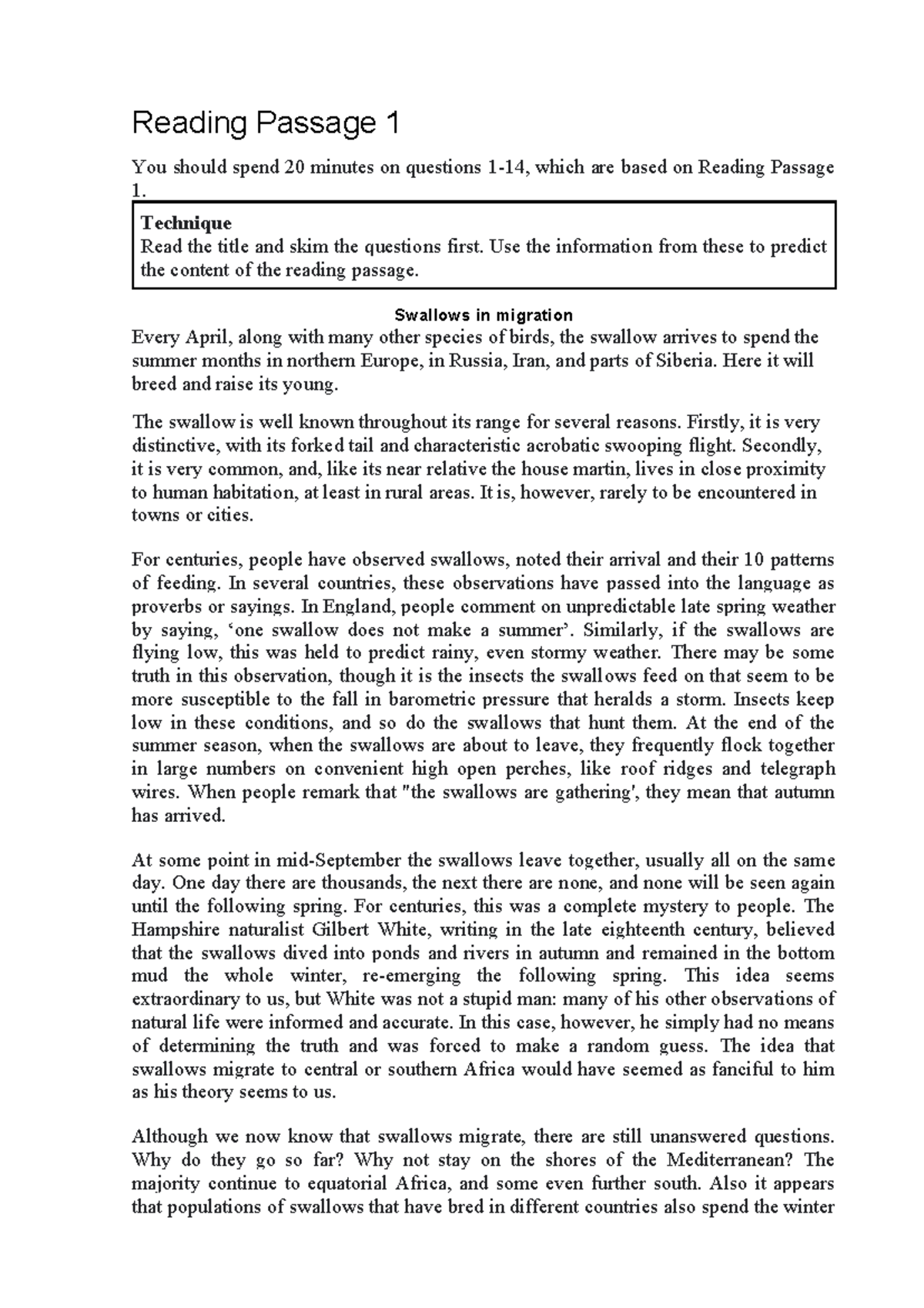 Reading Passage 1: Swallows and Their Migration Patterns - Studocu