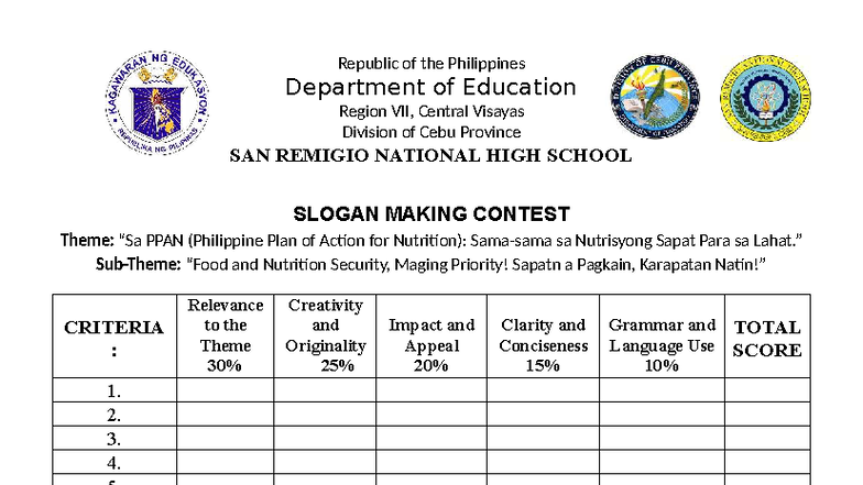 SLOGAN & POSTER MAKING CONTEST - PPAN Theme Evaluation - Studocu
