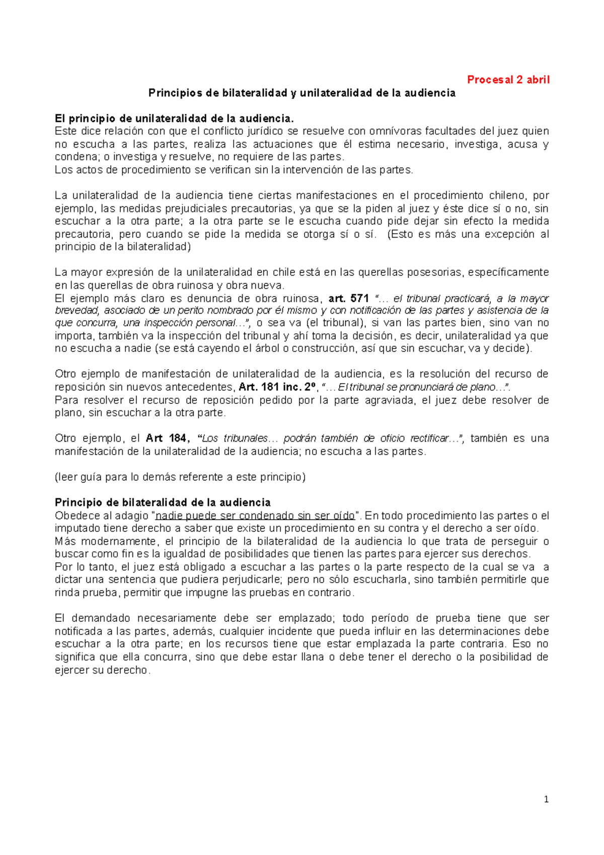 Principios de Bilateralidad y Unilateralidad en el Procedimiento Civil ...