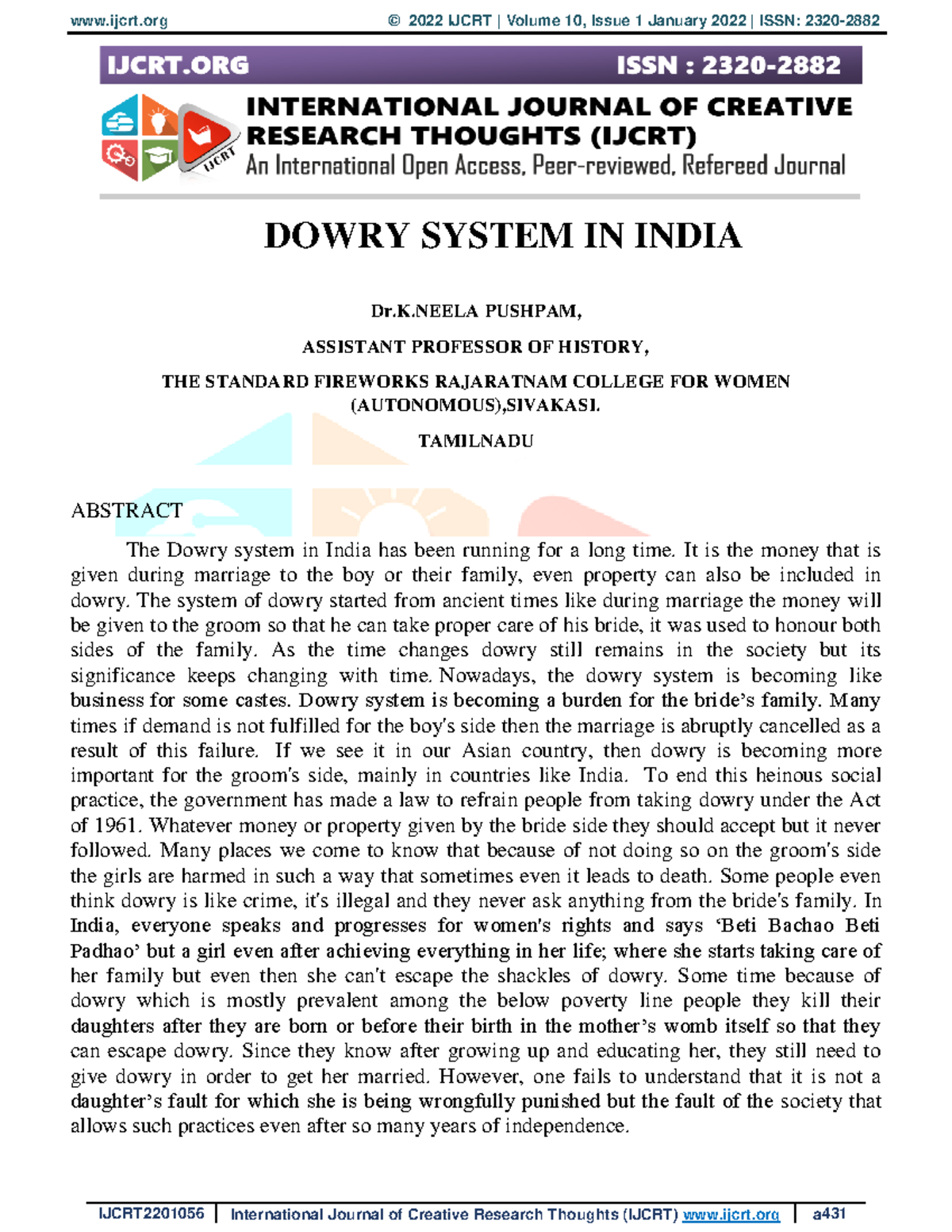 Ijcrt 22010 56 - The Dowry System: Historical Impact and Social ...