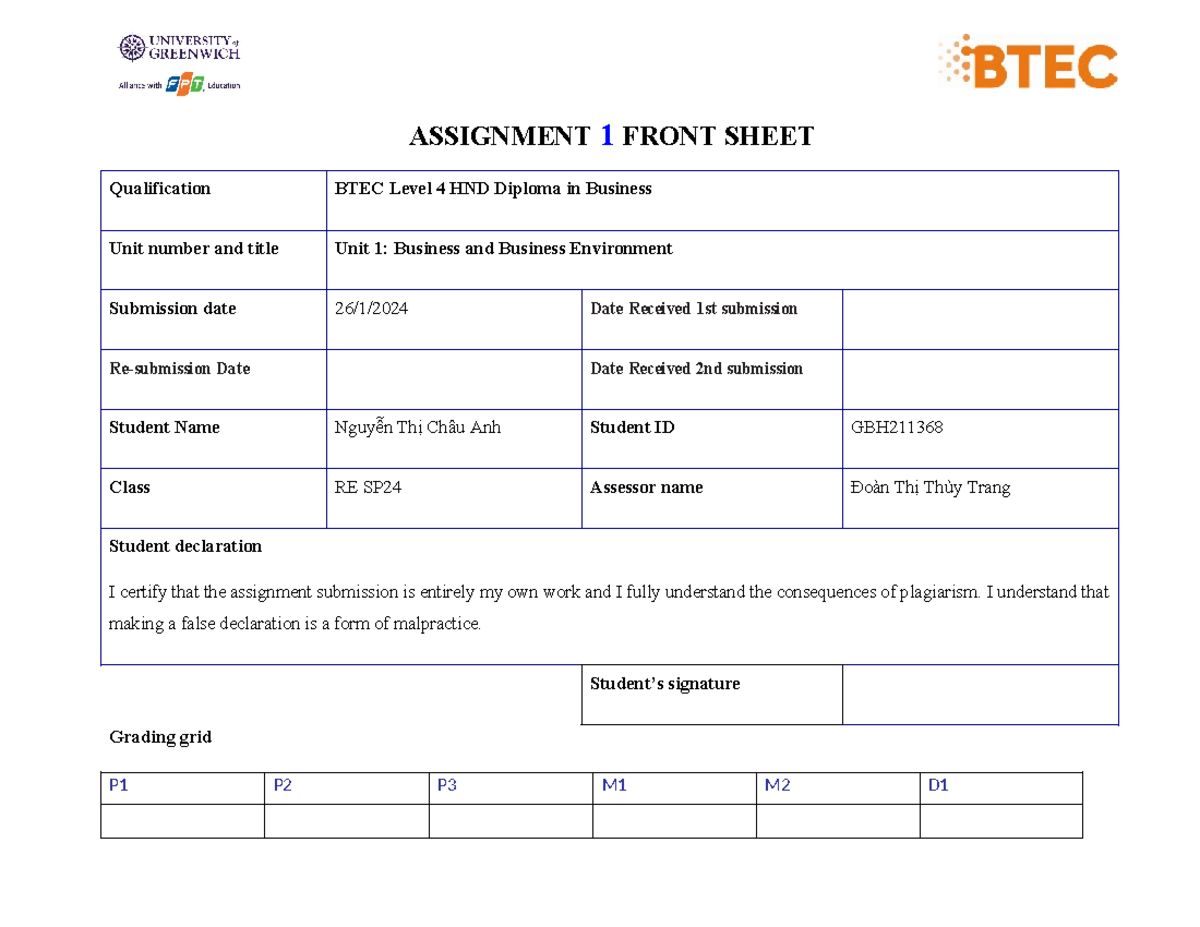 Assignment 1(5032) Front Sheet - ASSIGNMENT 1 FRONT SHEET Qualification ...